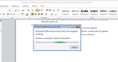 Konged Again Microsoft Document Cache Has Stopped Working