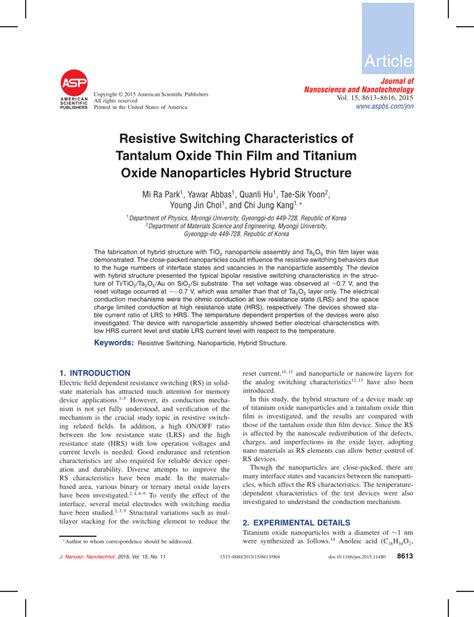 Pdf Resistive Switching Characteristics Of Tantalum Oxide Thin Film And Titanium Oxide