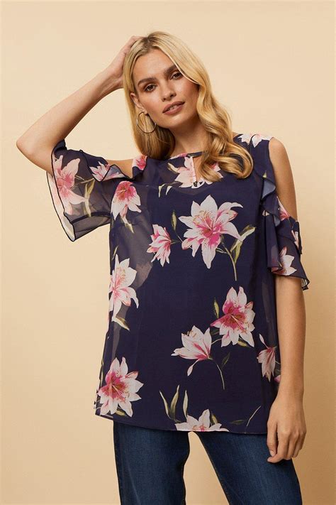 Tops Tall Navy Floral Cold Shoulder Top Wallis