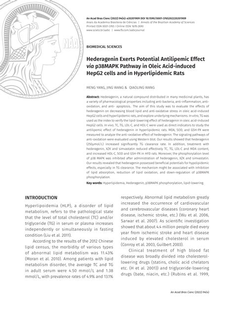 Pdf Hederagenin Exerts Potential Antilipemic Effect Via P38mapk