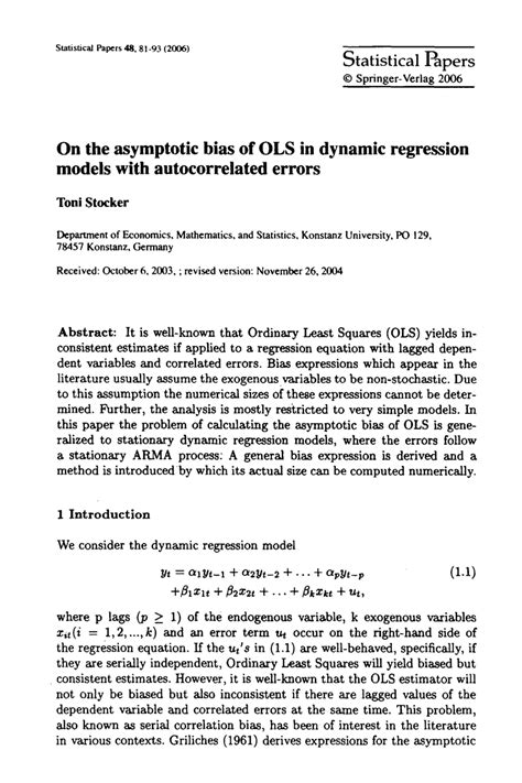Pdf On The Asymptotic Bias Of Ols In Dynamic Regression Models With Autocorrelated Errors