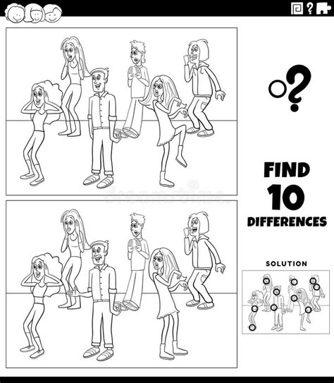 Differences Game With Cartoon Surprised Young People Coloring Page Stock Vector Illustration