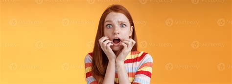 Timid Insecure Young Ginger Girl Blue Eyes Feeling Scared Gasping