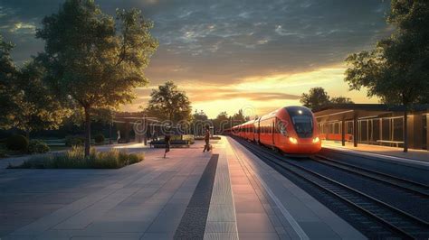 Orange Train Arrives At Station During Sunset With A Modern Touch Stock