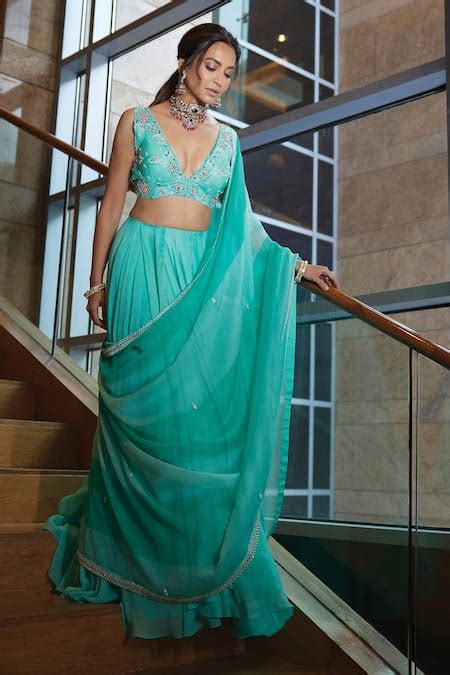 Buy Green Georgette Embroidered Cutdana Deep V Blouse And Lehenga Saree