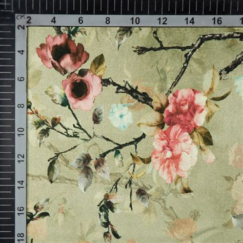 Moss Green Floral Digital Print Japan Satin Fabric Fabcurate