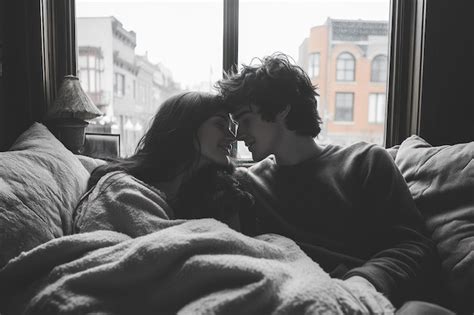 Young Couple Cuddling In Bed Intimate Moment Grayscale Premium Ai