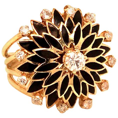 Vintage 1960s 14 Karat Yellow Gold Diamond And Black Enameled Ring For