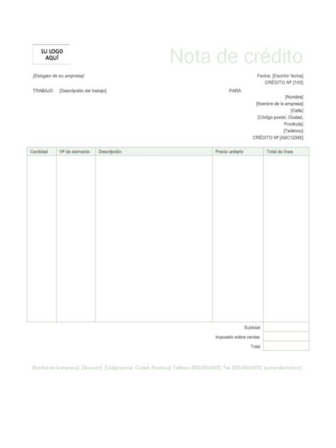 Plantilla Formato Nota De Crédito Pdf