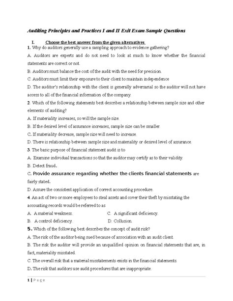 Auditing Principles And Practices I And Ii Exit Exam Sample Questions