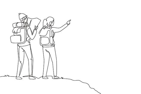 Premium Vector Single One Line Drawing Couple Planning The Route And Looking At The Map Travel