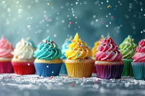 Premium Photo Colorful Cupcakes With Falling Sprinkles On A Banner