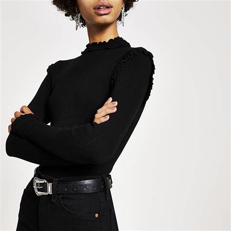 Black Ribbed Long Sleeve Frill High Neck Top River Island