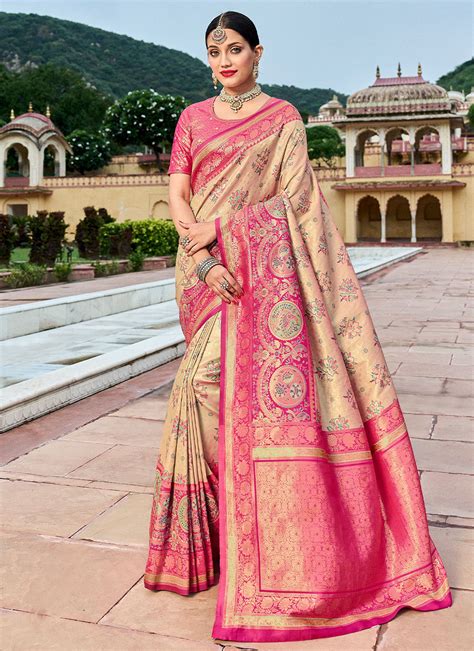 Buy Online Weaving Kanjivaram Silk Trendy Saree In Cream 240542