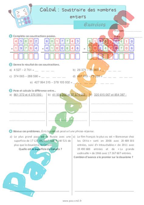 Soustraire Des Nombres Entiers Exercices De Calcul 5eme Primaire