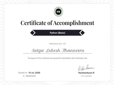 Happy To Share That Ive Earned The Python Basic Certification From Hackerrank Satya Lokesh