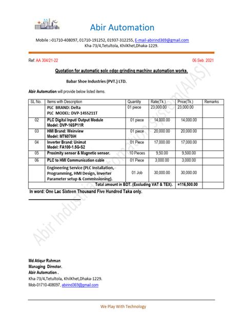 Quotation For Automatic Sole Edge Grinding Machine Automation Works Babar Shoe Pdf
