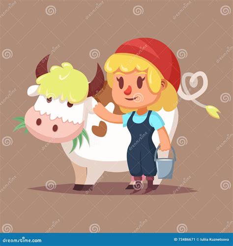 Vector Illustration Of Cute Catroon Girl With Cow Stock Illustration
