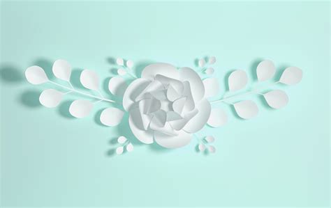 3d 렌더링 종이 꽃 가지와 잎 디지털 그림 파스텔 컬러 배경 흰 종이 꽃 꽃 조성 배경 웨딩 카드 관상 주름을 달기 로맨틱