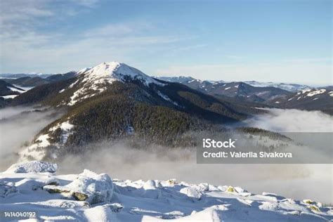 선야크 산 겨울 산에서 안개의 바다 위에 눈 속에서 화창한 날이 카르파티아 산맥을 덮었습니다 우크라이나 맑은 하늘 위의 구름 0