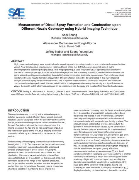Pdf Measurement Of Diesel Spray Formation And Combustion Upon