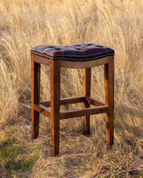 Tufted Brown Leather Saddle Stool Solid Wood Western Ranch Barstool