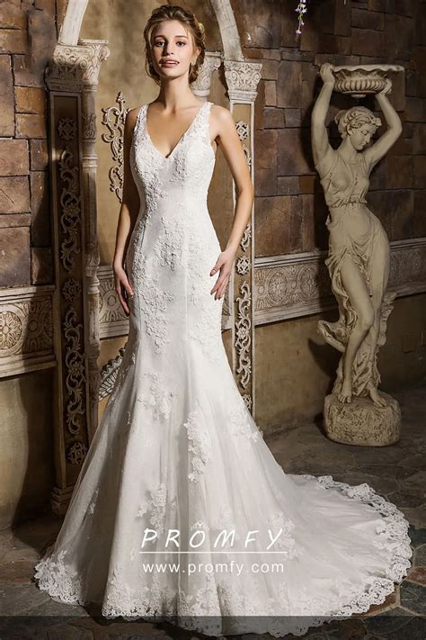 Classic Long Mermaid V Neck Lace Wedding Dress Promfy