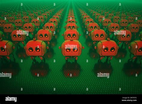 Angry Upset Robot Army Ready To Attack In A Futuristic Green