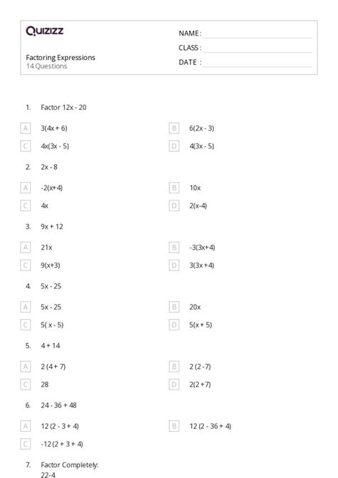 50 Factoring Expressions Worksheets For 6th Grade On Quizizz Free