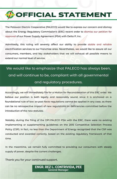 Official Statement Palawan Electric Cooperative