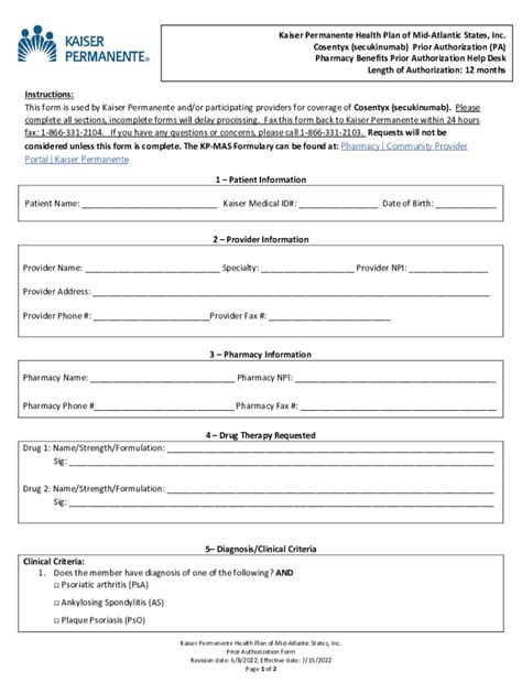 Fillable Online Kaiser Prior Authorization Form Fill Online
