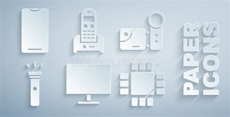 Set Computer Monitor Screen Cinema Camera Flashlight Processor With Microcircuits Cpu