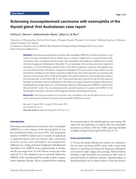 PDF Sclerosing Mucoepidermoid Carcinoma With Eosinophilia Of The Thyroid Gland First
