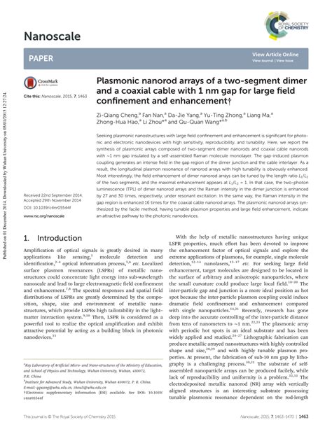 Pdf Plasmonic Nanorod Arrays Of Two Segment Dimer And Coaxial Cable With 1 Nm Gap For Large