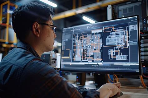 Engineer Working With Cad Software In Industrial Design Facility Premium Ai Generated Image