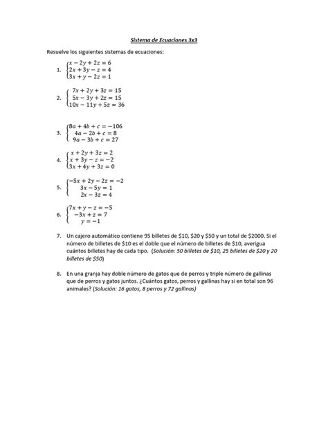 Sistema De Ecuaciones 3x3 Ejercicios Pdf