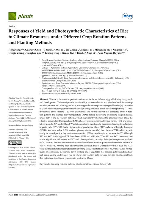 Pdf Responses Of Yield And Photosynthetic Characteristics Of Rice To Climate Resources Under