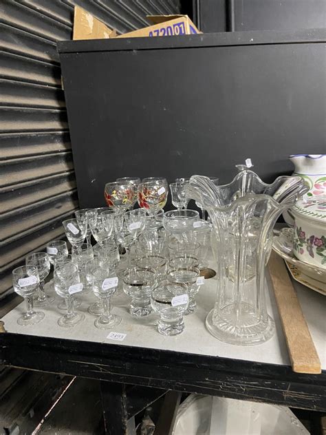 Lot Collection Of Glassware Incl Etched Nip Glasses Lolly Jar Wave