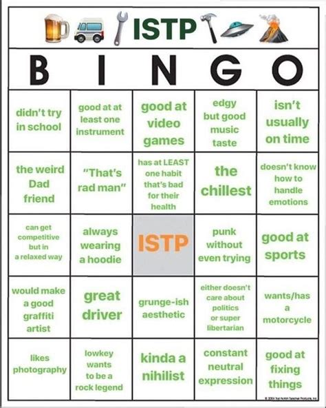 Istp Bingo Istp Personality Isfp Mbti