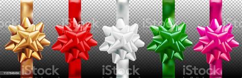 황금 빨강은 녹색 분홍색 선물 활 수직 리본을 설정합니다 투명 한 배경에 고립 벡터 일러스트입니다 크리스마스 새 해 생일 골드 장식입니다 배너 인사말 카드 포스터 공단에