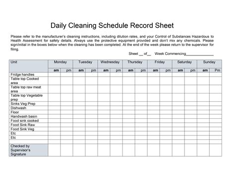 Kitchen Daily Cleaning Schedule Record Sheet Daily Cleaning Schedule Cleaning Schedule Daily