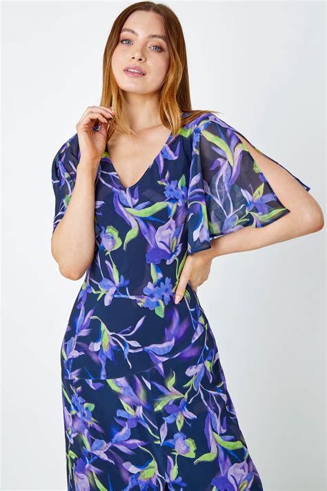 Floral Print Chiffon Maxi Dress In Navy Roman Originals Uk