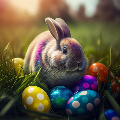Premium Photo Hidden Easter Bunny In The Grass At Sunset And Colorful