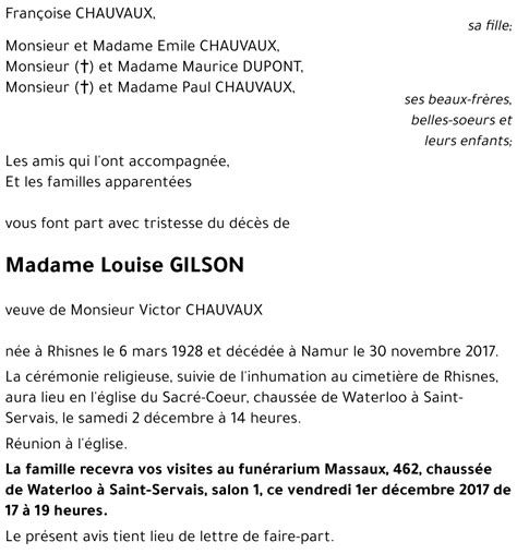 Avis De Décès De Louise Gilson Décédé Le 30112017 à Bouge Annonce Condoléances Fleurs Etc