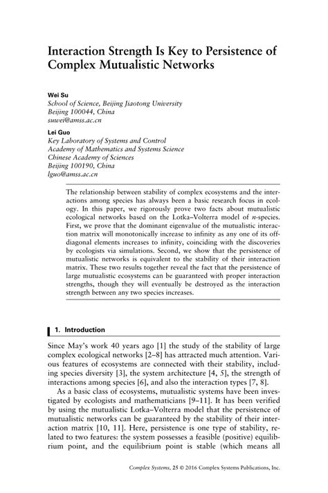 Pdf Interaction Strength Is Key To Persistence Of Complex Mutualistic Networks