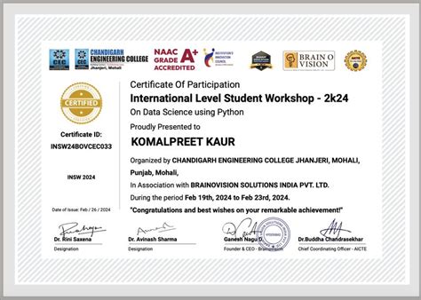 Learned Data Science Skills At Brainovision Workshop Komalpreet Kaur Posted On The Topic