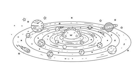 Cute Solar System Cartoon Smiling Sun Planets Orbiting Space Astronomy