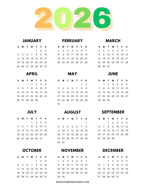 Yearly Calendar 2026 Printable