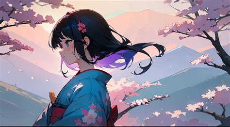 긴 머리와 산 앞에 서있는 파란색 기모노를 입은 애니메이션 소녀 Seaart Ai