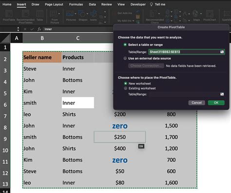 使用 Excel 数据透视表（设置范围、编辑范围）macbook Excel